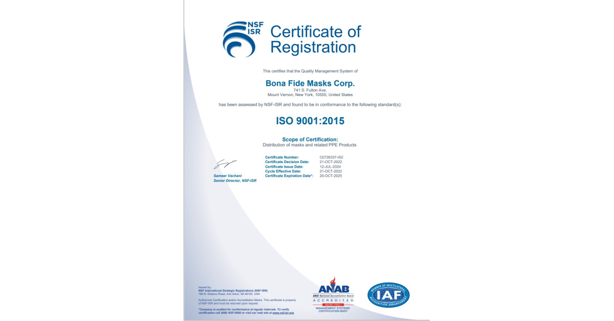 Bona Fide Masks Corp. Renews ISO 9001 Certification | Newswire