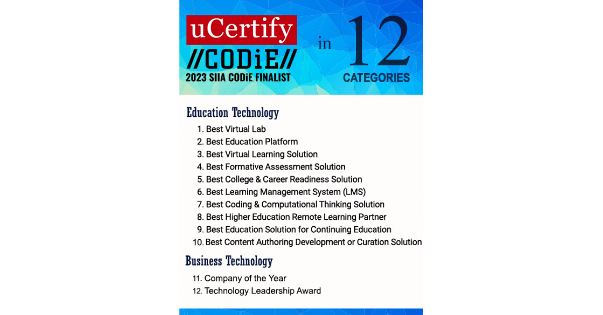 uCertify Named as 12x Finalist in SIIA EdTech CODiE Awards 2023 | Newswire uCertify Named as 12x Finalist in SIIA EdTech CODiE Awards 2023 | Newswire